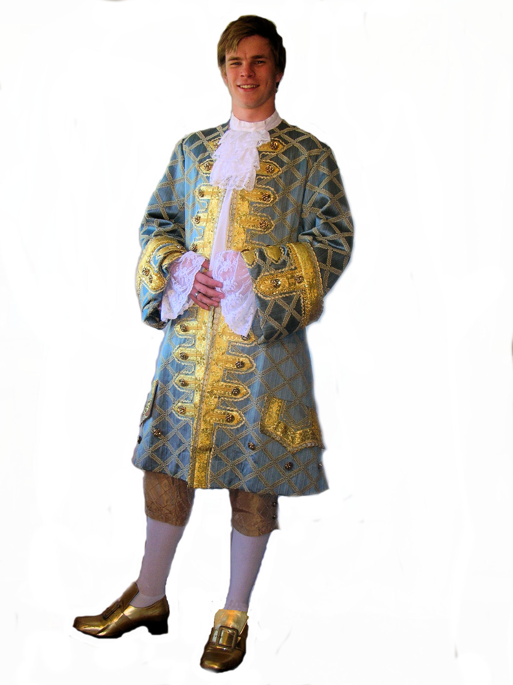 Pale Blue and Gold Brocade Georgian Costume fancy dress hire